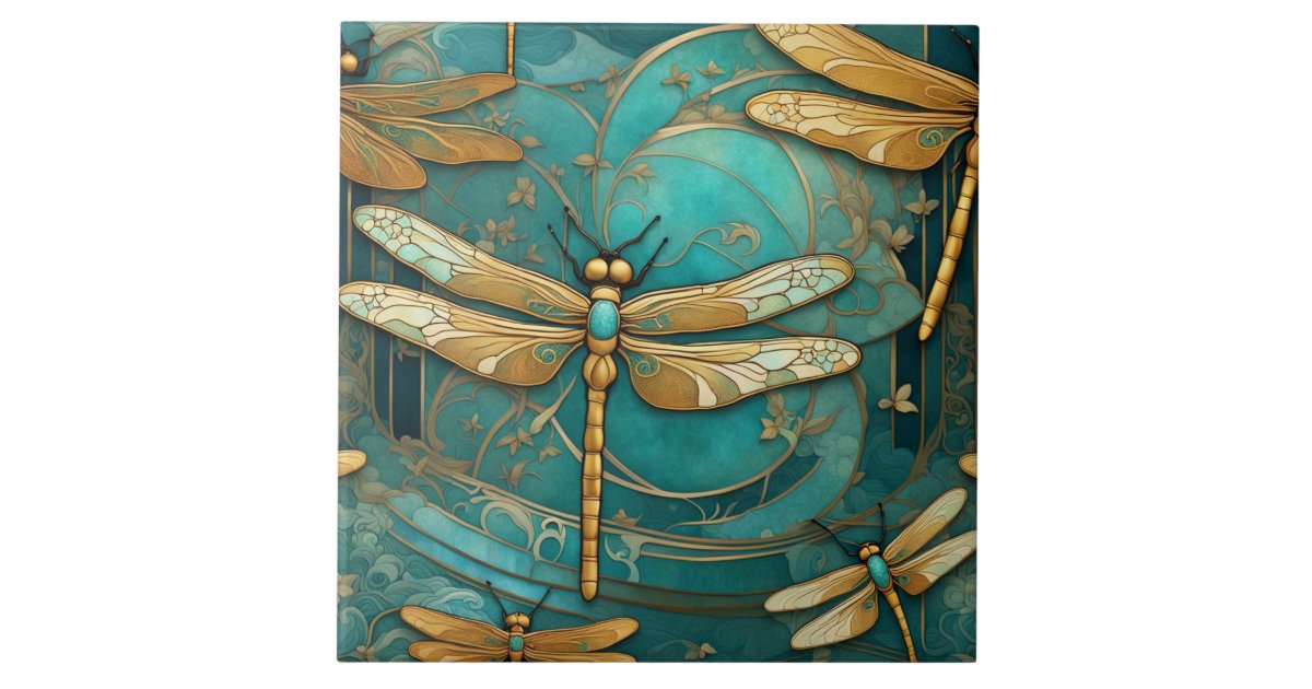 Dragonfly Art Nouveau Art Deco Teal & Gold Insects Ceramic Tile | Zazzle