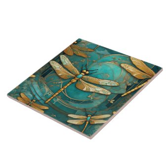 Dragonfly Art Nouveau Art Deco Teal & Gold Insects Ceramic Tile | Zazzle