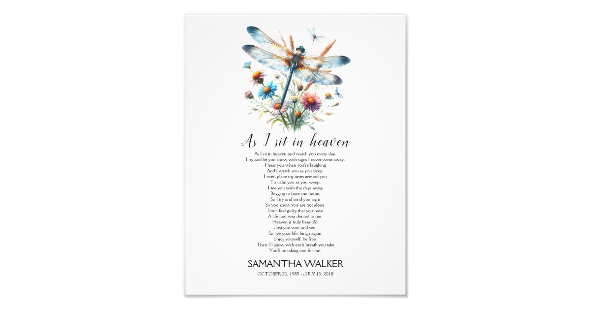 Dragonfly As I sit in Heaven Memorial Poem Sign | Zazzle
