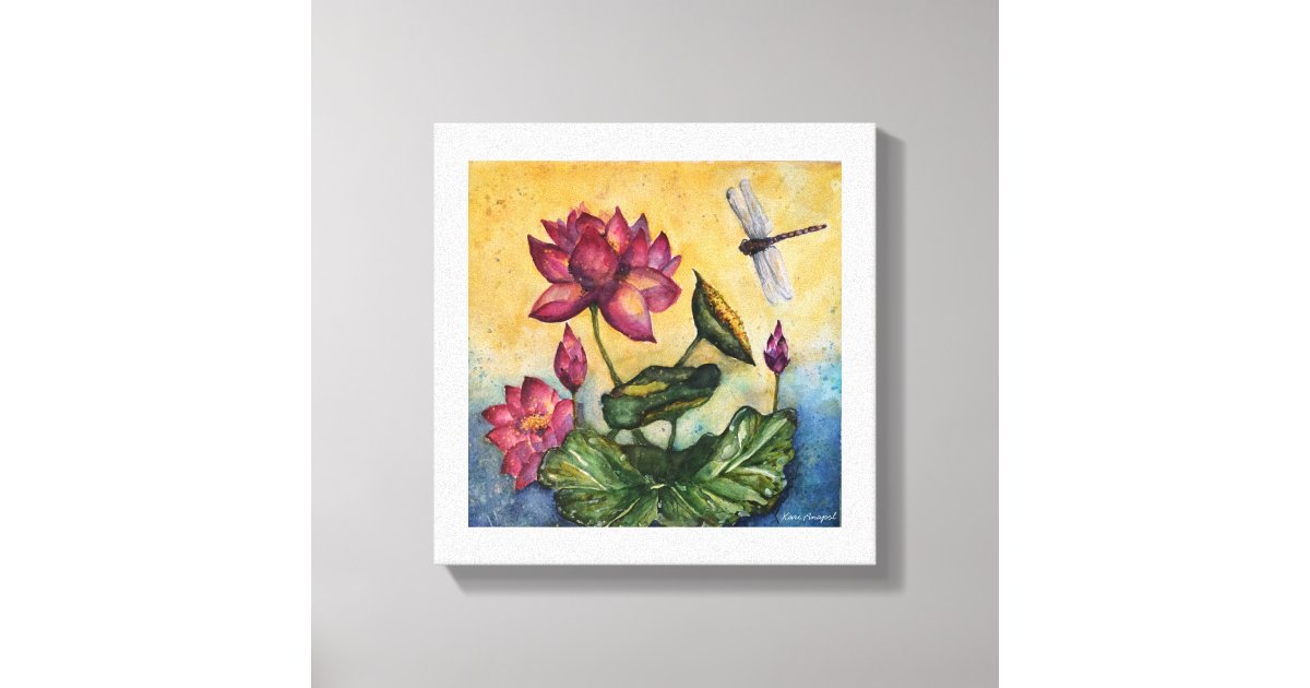 Dragonfly Lotus Watercolor Print Wrapped Canvas | Zazzle