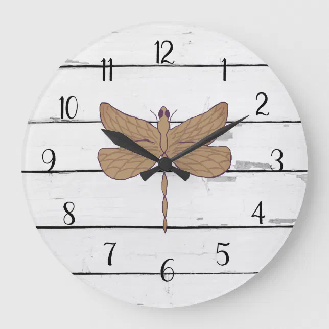 Dragonfly Rustic Shiplap Farmhouse Decor Large Clock | Zazzle