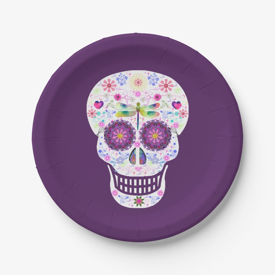 Dragonfly SUgar Skull Paper Plates | Zazzle