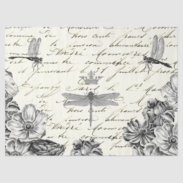 Dragonfly Wildflower French Script Decoupage Crown Tissue Paper | Zazzle