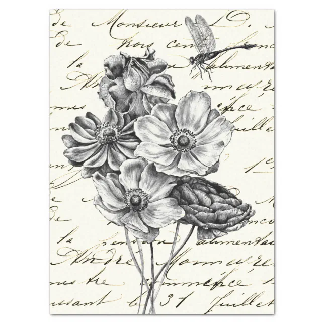 Dragonfly Wildflower French Script Decoupage Idea Tissue Paper | Zazzle