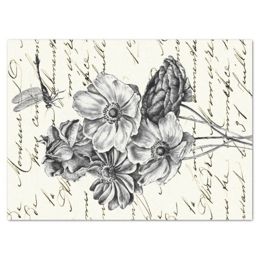 Dragonfly Wildflower French Script Decoupage Idea Tissue Paper | Zazzle
