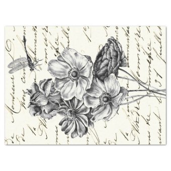 Dragonfly Wildflower French Script Decoupage Idea Tissue Paper | Zazzle