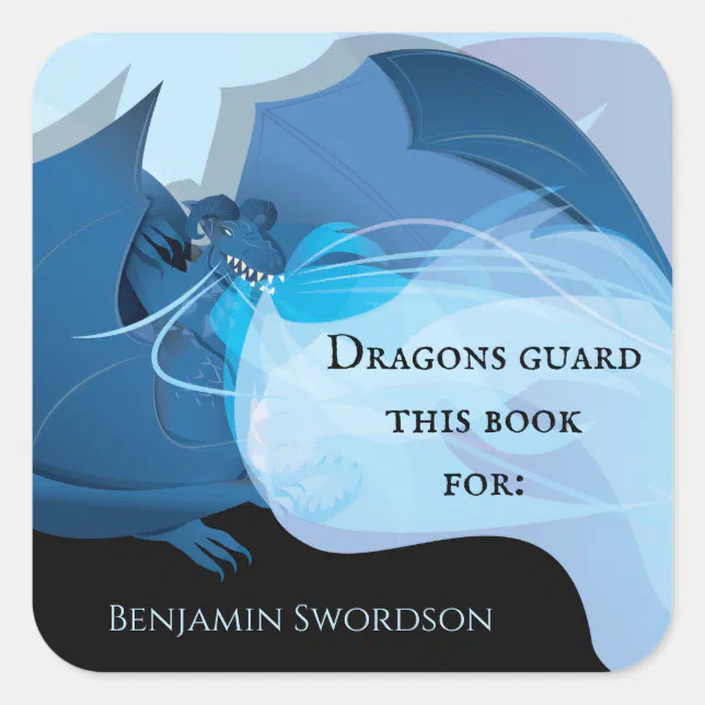 Dragons Guard This Book Blue Fire Bookplate | Zazzle
