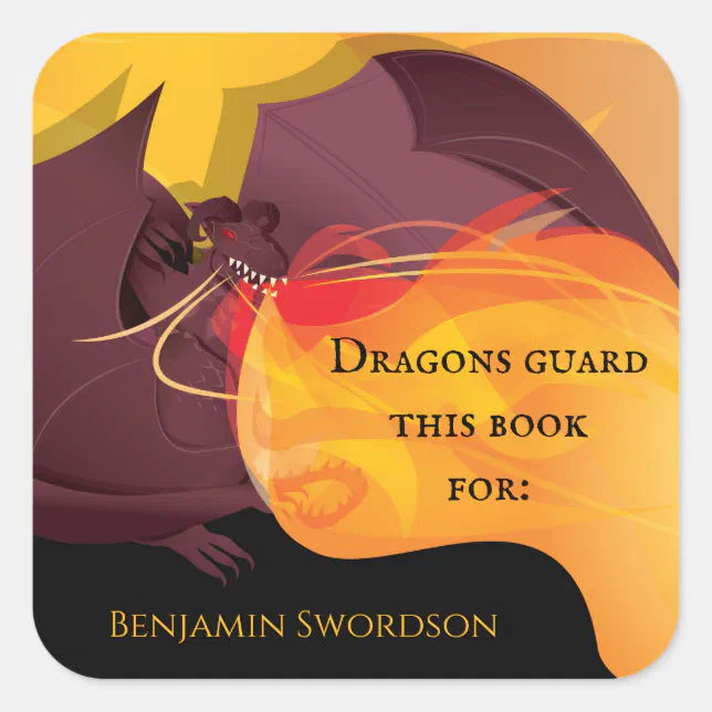 Dragons Guard This Book Fire Purple Red Bookplate | Zazzle