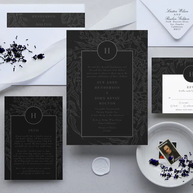 Dramatic Black Elegant Monogram Floral Wreath Invitation | Zazzle