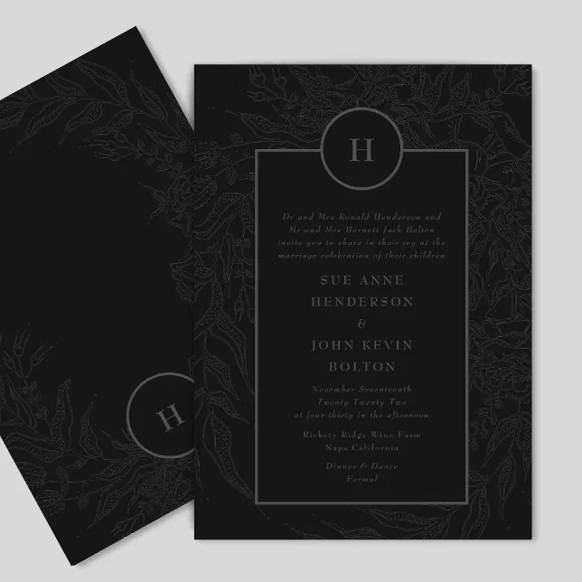 Dramatic Black Elegant Monogram Floral Wreath Invitation | Zazzle