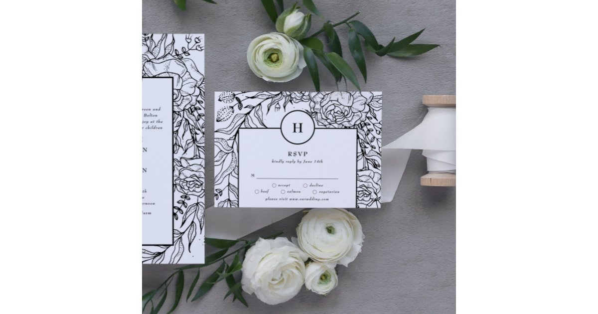 Dramatic Black Monogram Wreath Wedding RSVP Card | Zazzle