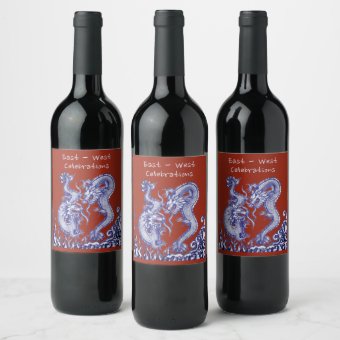 Dramatic Dragons Blue Red Water Fire Oriental Wine Label | Zazzle