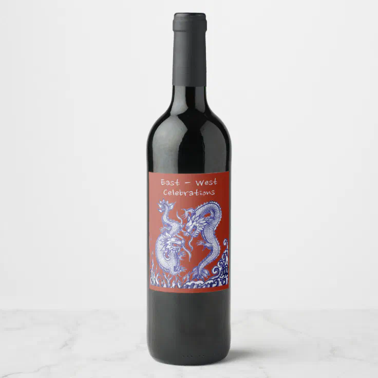 Dramatic Dragons Blue Red Water Fire Oriental Wine Label | Zazzle