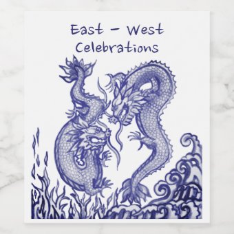Dramatic Dragons Blue White Water Fire Oriental Wine Label | Zazzle