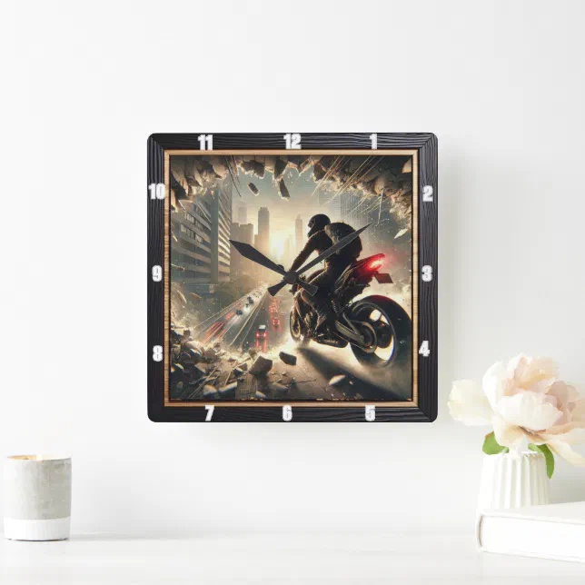 Dramatic Motorbike Escape Through City Debris Square Wall Clock | Zazzle