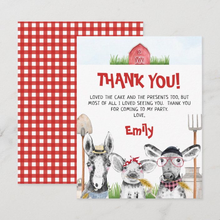 Drawn Farm Animals Birthday Thank You Card | Zazzle.com