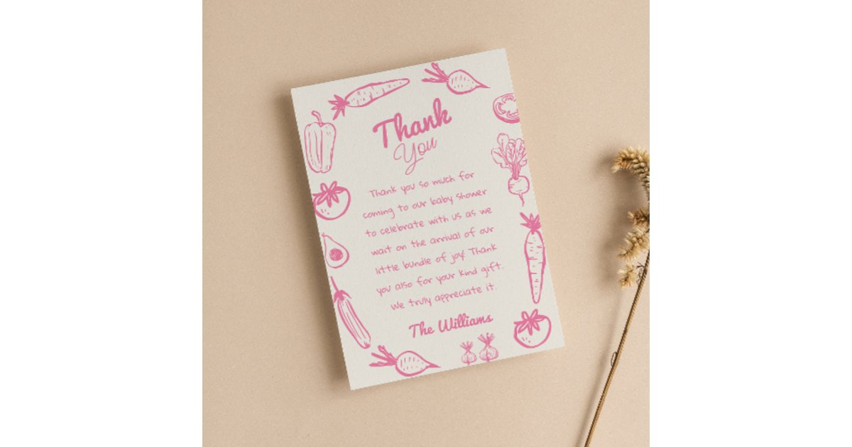 Drawn Pink Locally Grown Girly Baby Shower Thank You Card | Zazzle