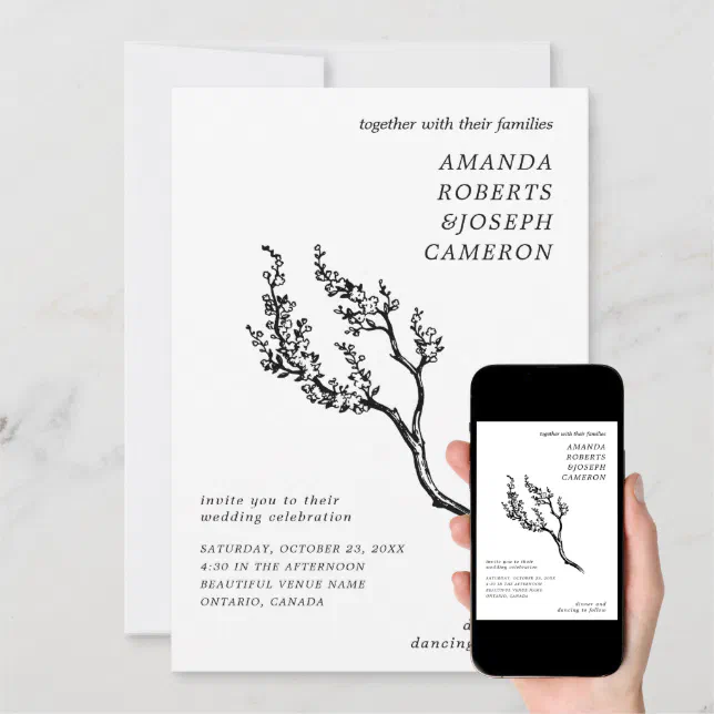 Drawn Tree Branch Modern Photo QR Code Wedding Invitation | Zazzle