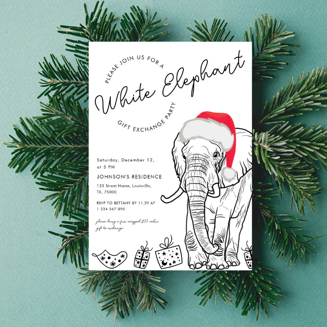 Drawn White Elephant Gift Exchange Christmas Party Invitation | Zazzle