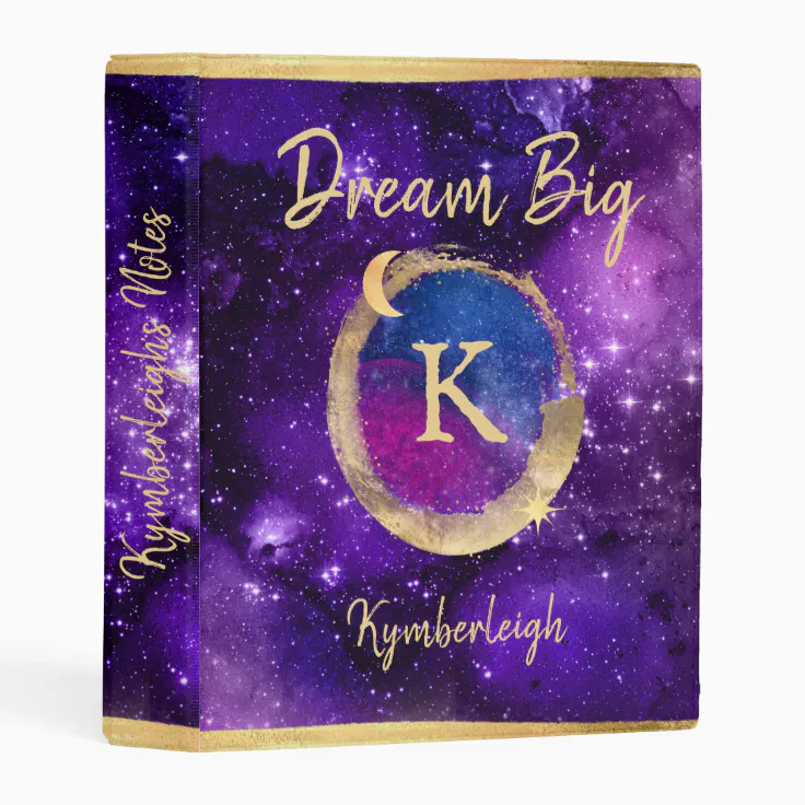 Dream Big Purple Galaxy Glam Gold Monogram Name Mini Binder | Zazzle