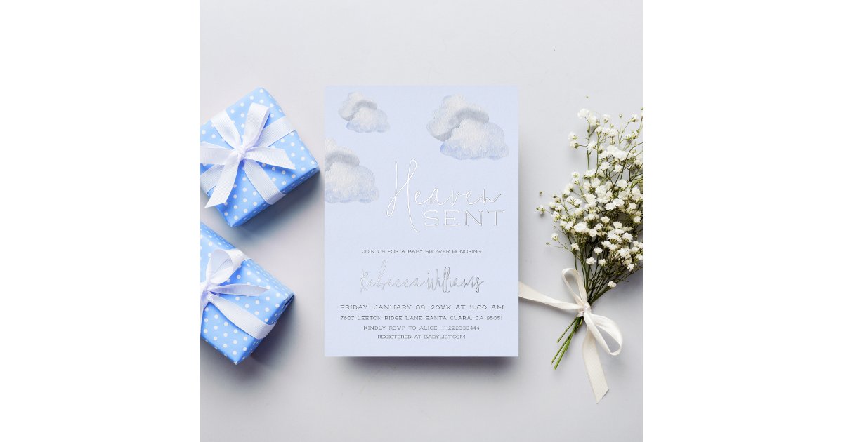 Dreamy Blue Heaven Sent Sky Themed Boy Baby Shower Foil Invitation | Zazzle