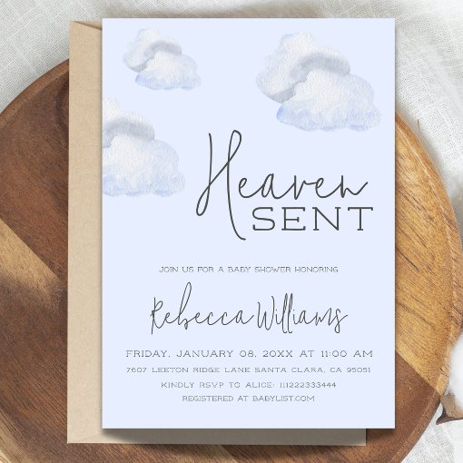 Dreamy Blue Heaven Sent Sky Themed Boy Baby Shower Invitation | Zazzle