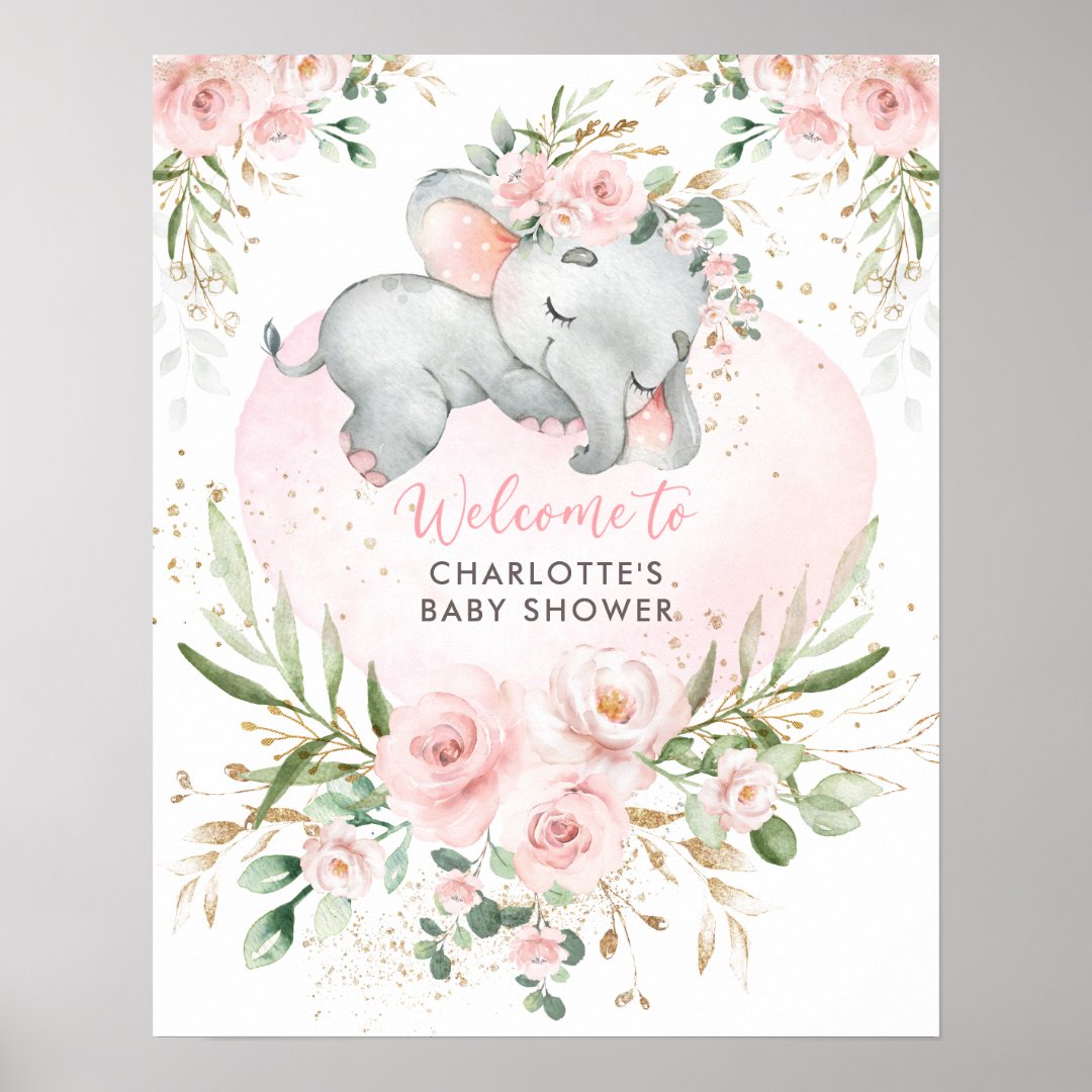 Dreamy Elephant Pink Blush Floral Baby Welcome Poster | Zazzle