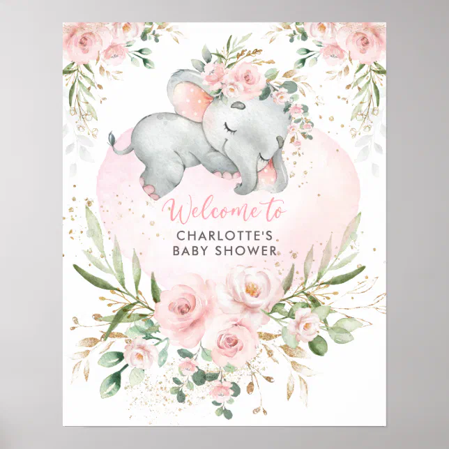 Dreamy Elephant Pink Blush Floral Baby Welcome Poster | Zazzle