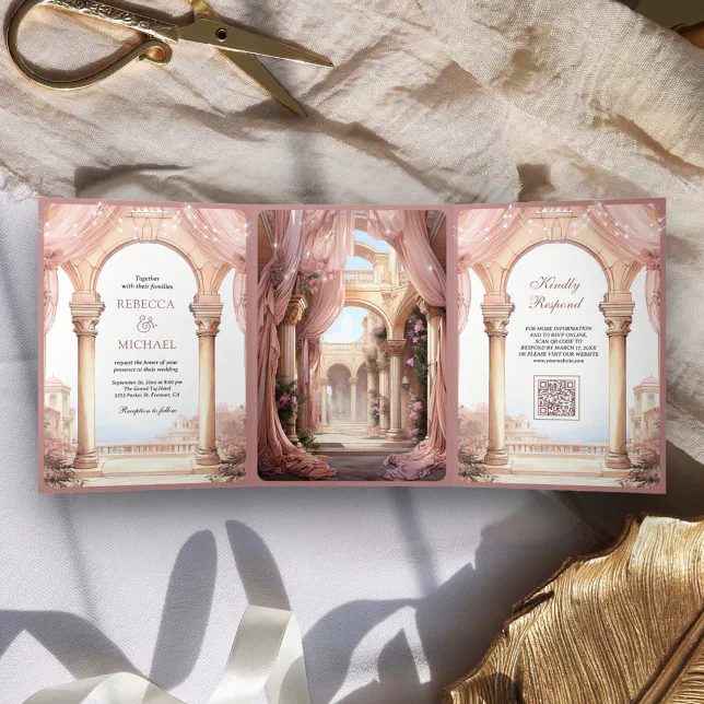 Dreamy Fairytale Palace Dusty Rose QR Code Wedding Tri-Fold Invitation ...
