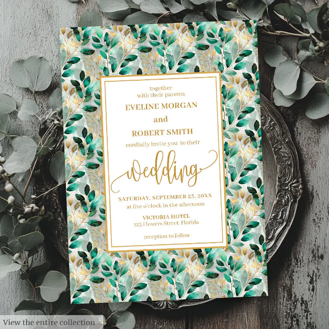 Dreamy Hunter Green Gold Greenery Wedding Invites | Zazzle