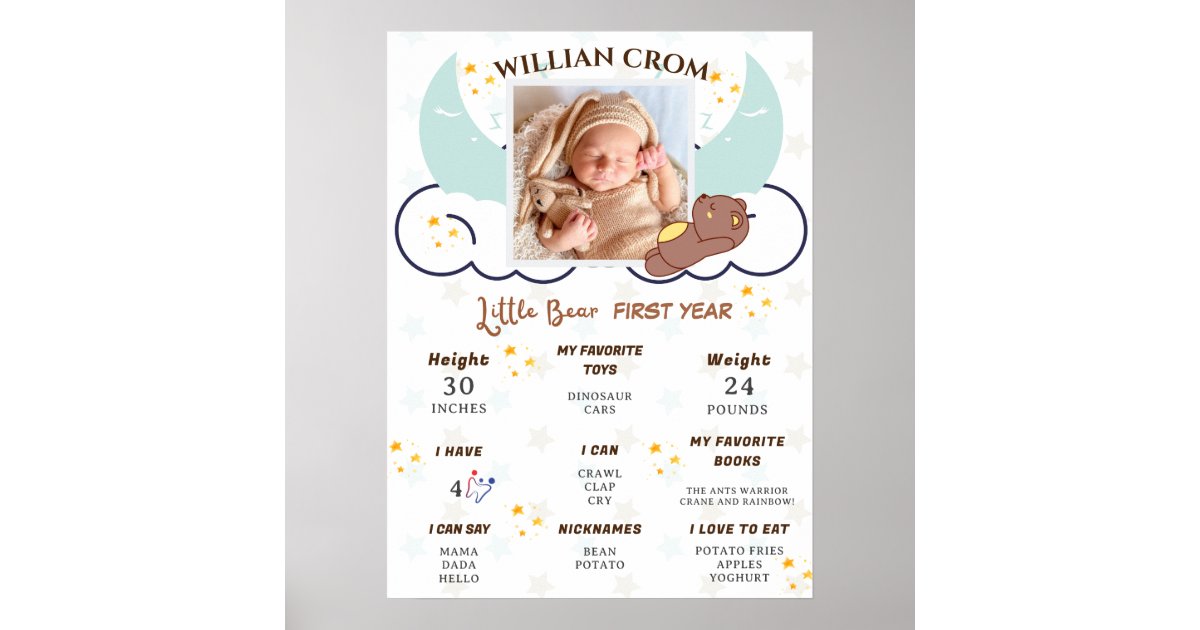 Dreamy Little Bear 1st Year Birthday Milestone Poster | Zazzle