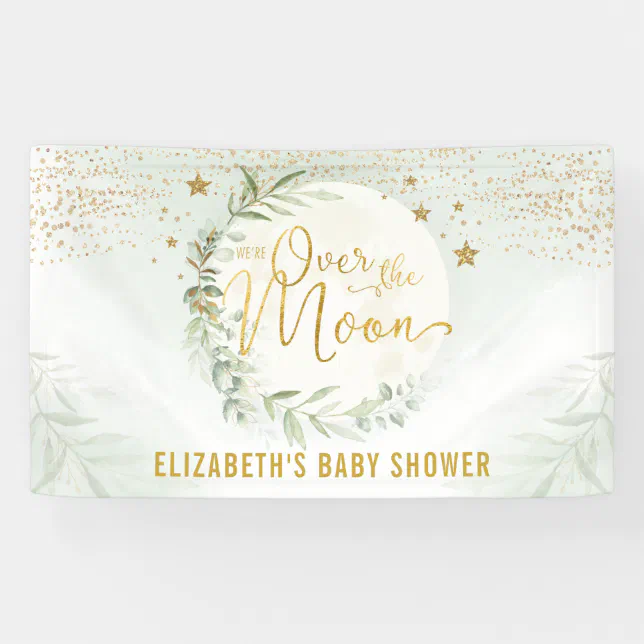 Dreamy Moon Star Greenery Gold Baby Shower Welcome Banner | Zazzle