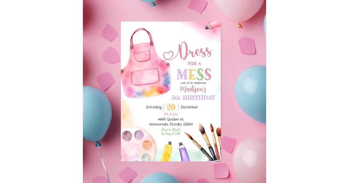 Dress for a Mess Girl Art Painting Party Birthday Invitation | Zazzle