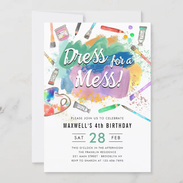 Dress for a Mess Kids Art Paint Painting Birthday Invitation | Zazzle