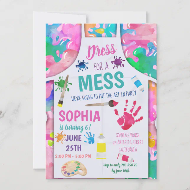 Dress for a Mess Painting Party Art Girl Birthday Invitation | Zazzle