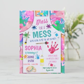 Dress for a Mess Painting Party Art Girl Birthday Invitation | Zazzle