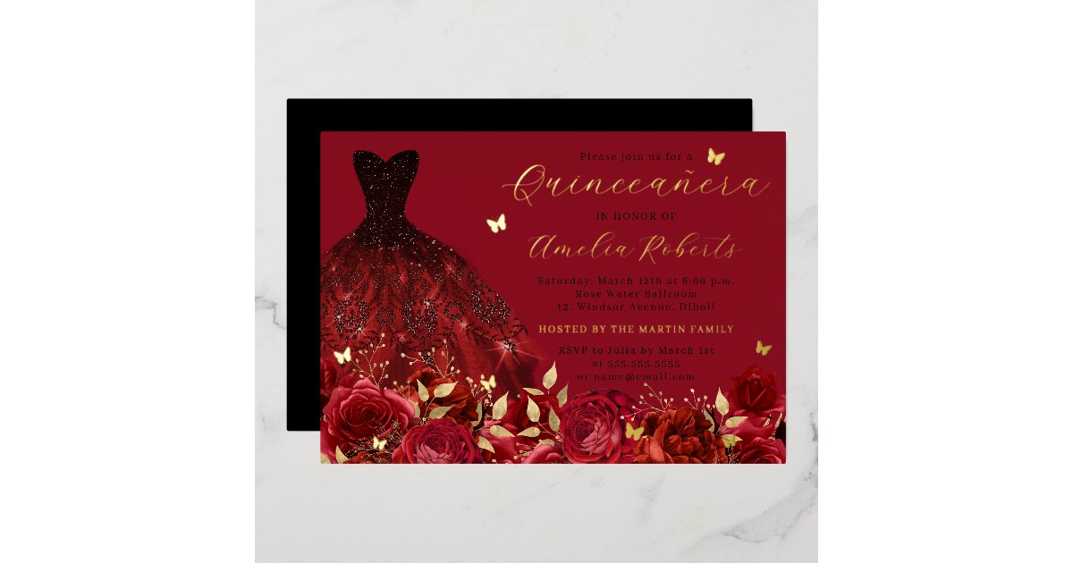 Dress Red Gold Butterfly Floral Foil Invitation | Zazzle