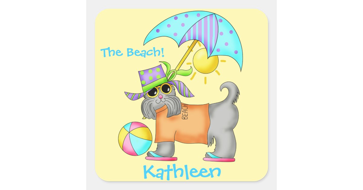 Dressed Beach Dog Personalized Yellow Square Sticker | Zazzle