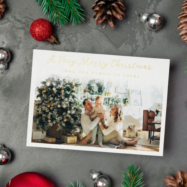 Drifting Snowflakes Very Merry Christmas Photo Foil Holiday Card | Zazzle