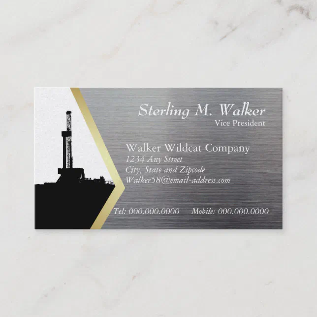 Drilling Rig Silhouette on Metal Look Business Card | Zazzle