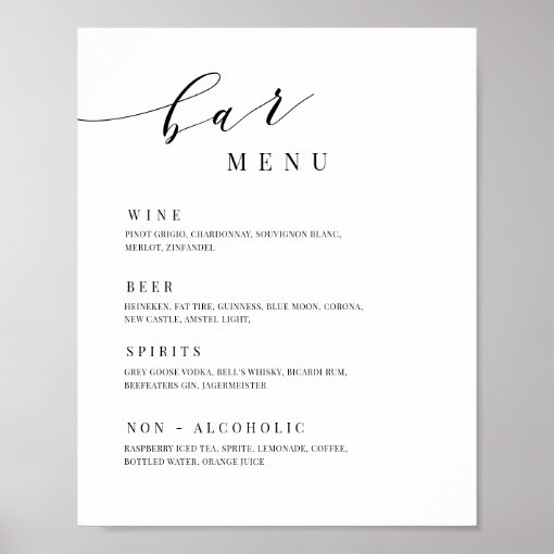 Drink List Bar Menu Reception Event Table Sign | Zazzle