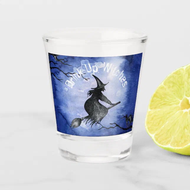 Drink Up Witches Blue Cat Spooky Shot Glass | Zazzle
