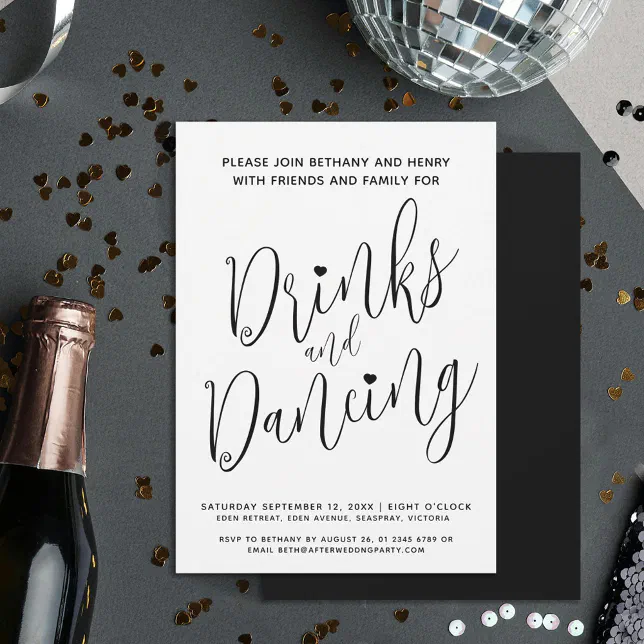 Drinks and dancing post wedding simple mono script invitation | Zazzle