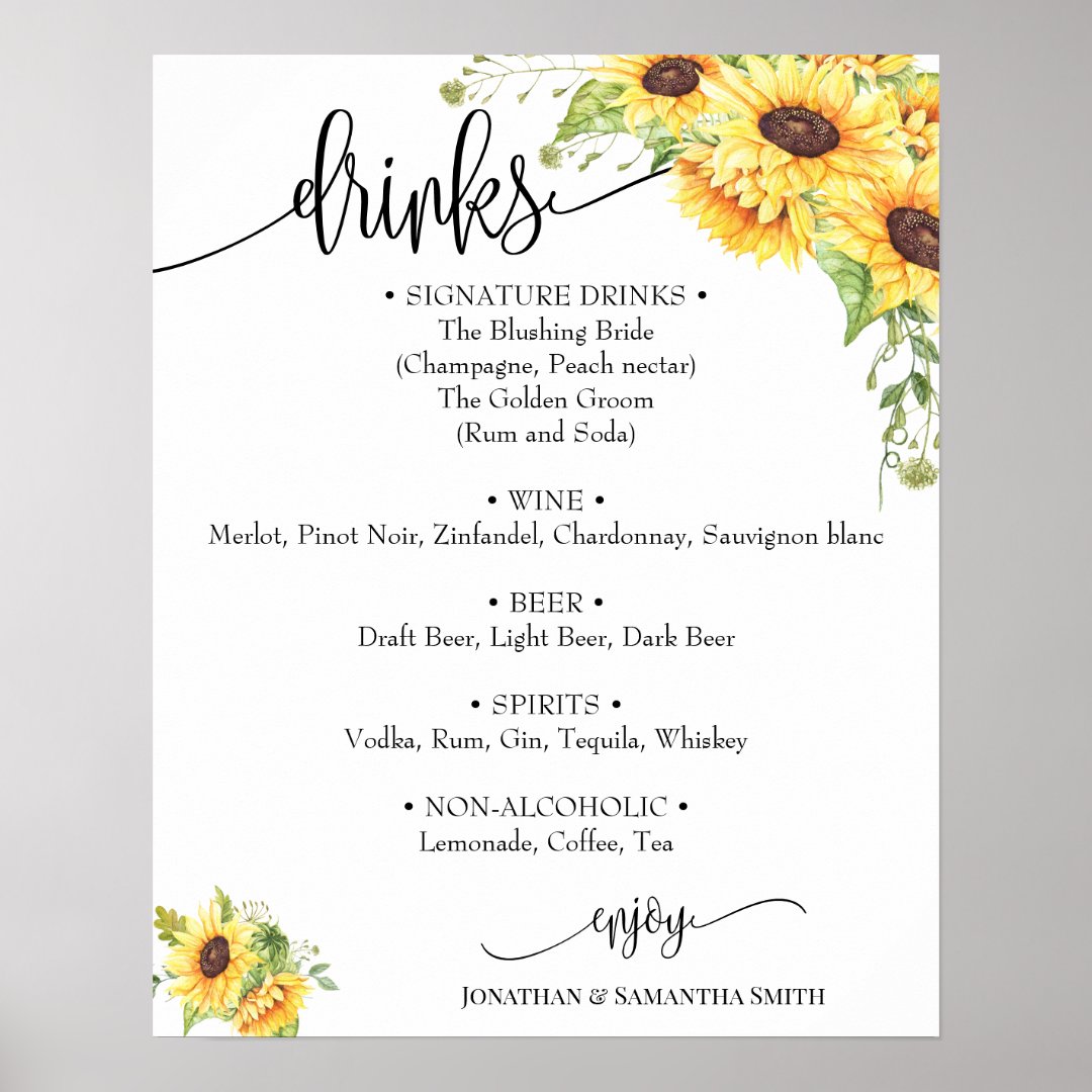 Drinks menu sign wedding sunflower floral boho | Zazzle