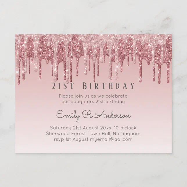 Dripping Glitter Rose Gold 21st Birthday Pink Girl Postcard | Zazzle
