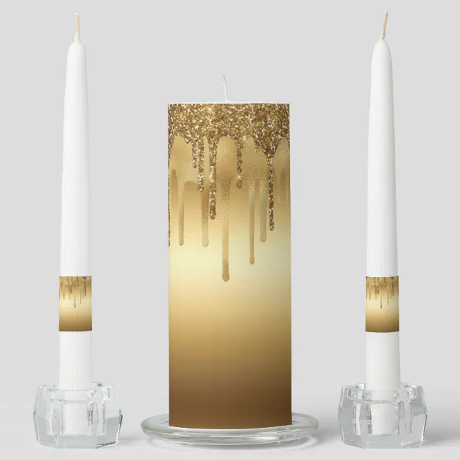 Dripping Gold Paint Glitter Accents Sparkly Unity Candle Set | Zazzle