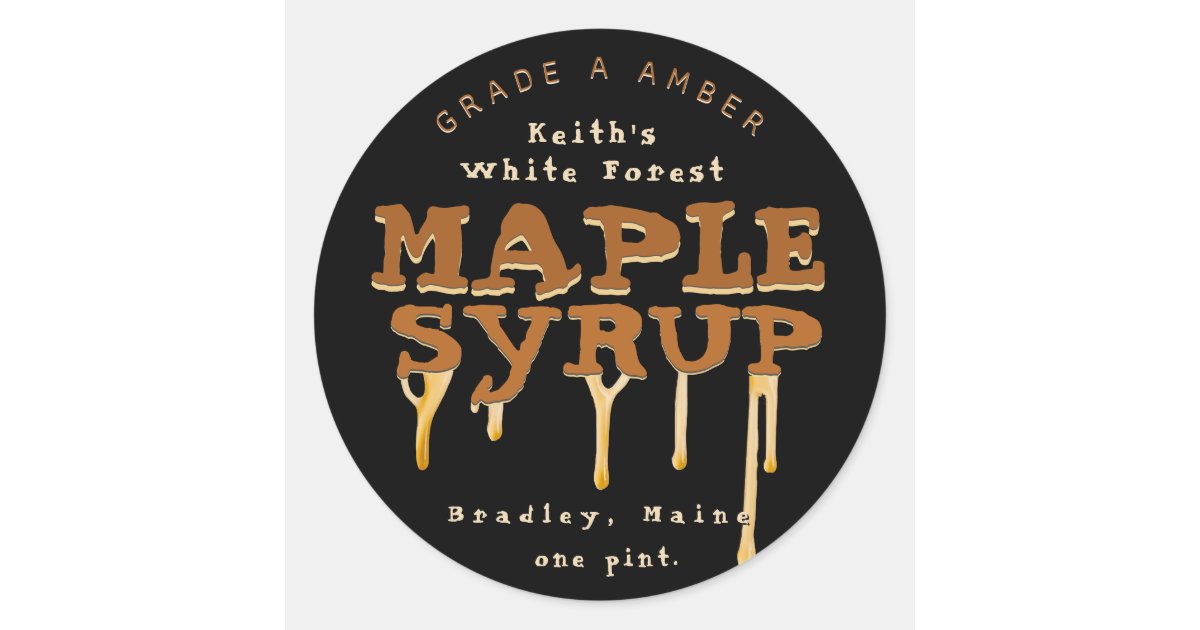 Dripping Maple Syrup Camp Font on Black Classic Round Sticker | Zazzle