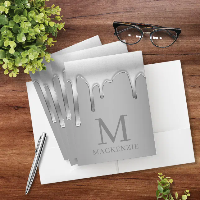 Dripping Metallic Chrome Monogram Pocket Folder | Zazzle