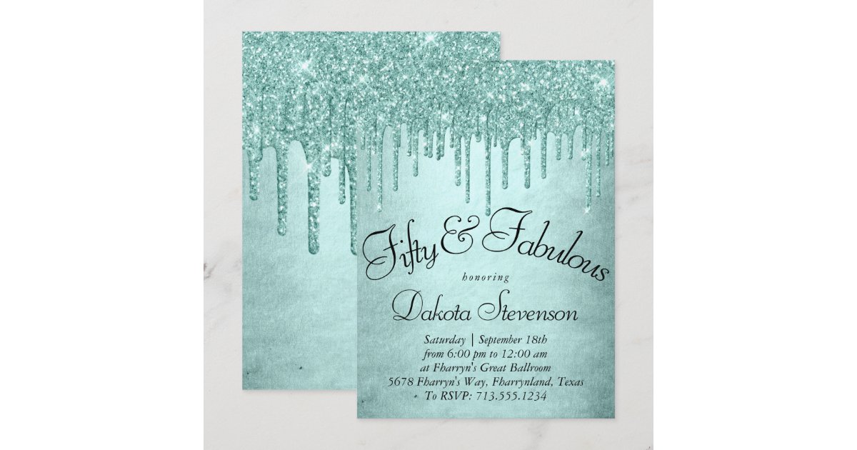 Dripping Mint Glitter | Aqua Teal 50 and Fabulous Invitation | Zazzle