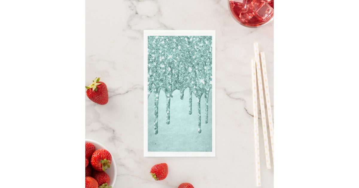 Dripping Mint Glitter | Aqua Teal Pour Quinceanera Paper Guest Towels ...